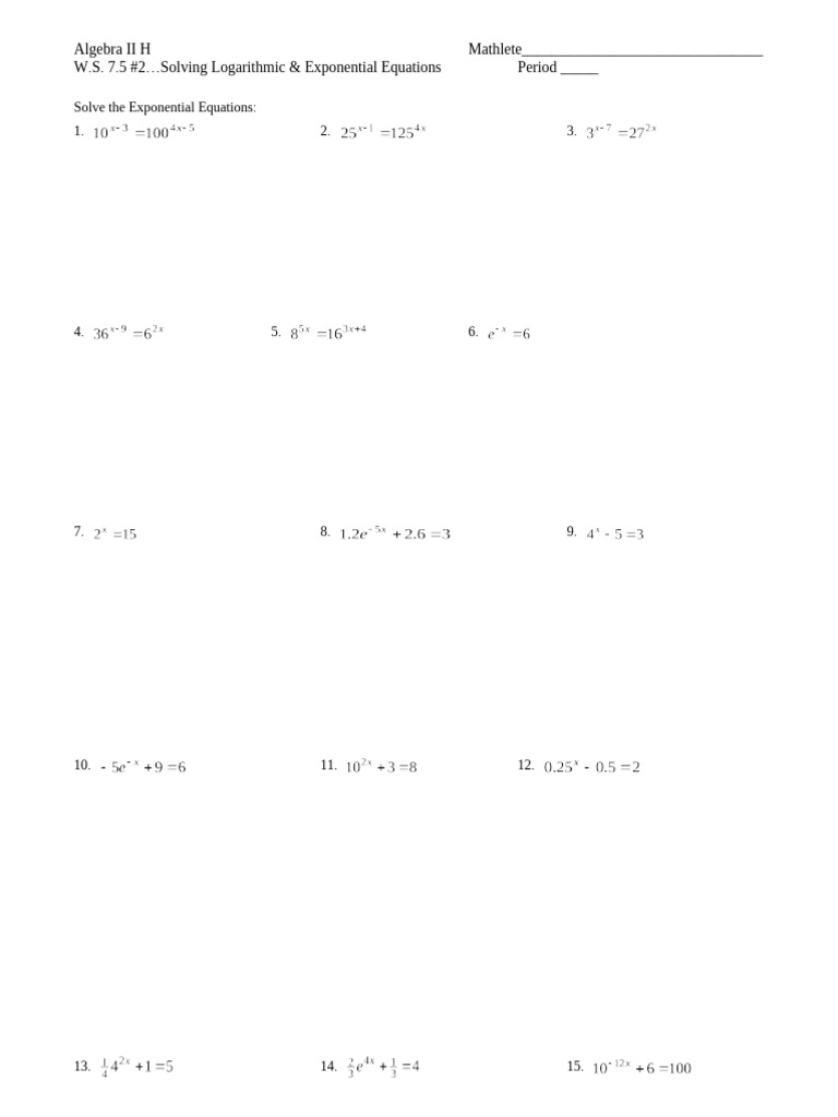 W.S. 7.5 #2 Solving Exponential and Logarithmic Equations (Blank) | PDF