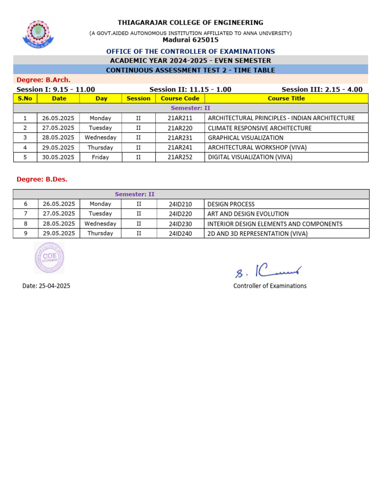 CAT 2 Junior Time Table 26-05-2025 To 30-05-2025 | PDF | Academic Term | Algebra
