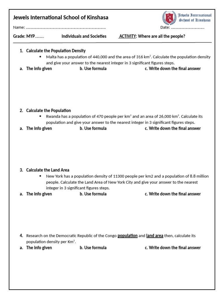 MYP 3 UNIT 4 ACTIVITY POP DENSITY and LAND AREA CALCULATION | PDF