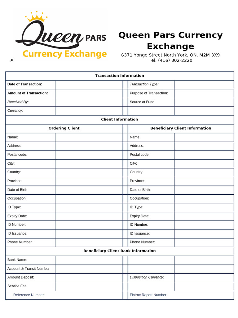 Queen Pars Currency Exchange Fintrac Form | PDF