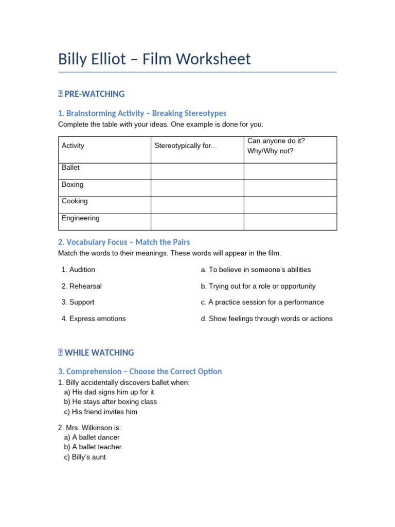 Billy Elliot Film Worksheet | PDF