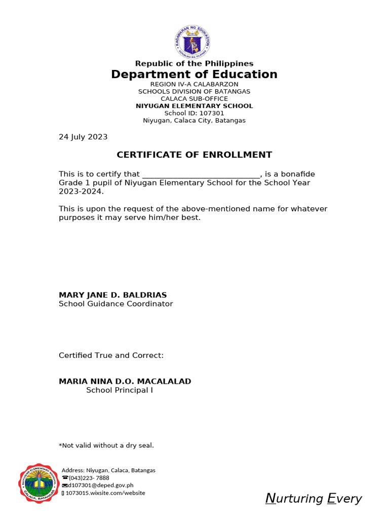 Certificate of Enrollment - Niyugan ES | PDF