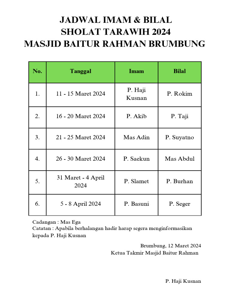 Dokumen Jadwal Imam Dan Bilal Kreatif Berwarna Ungu - 20240313 - 214548 - 0000 | PDF