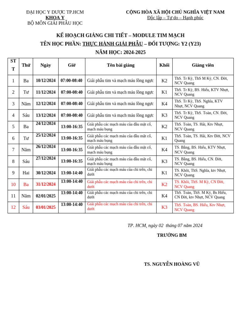 Lich Giang Chi Tiet TH Giai Phau Module Tim Mach Y2023 | PDF