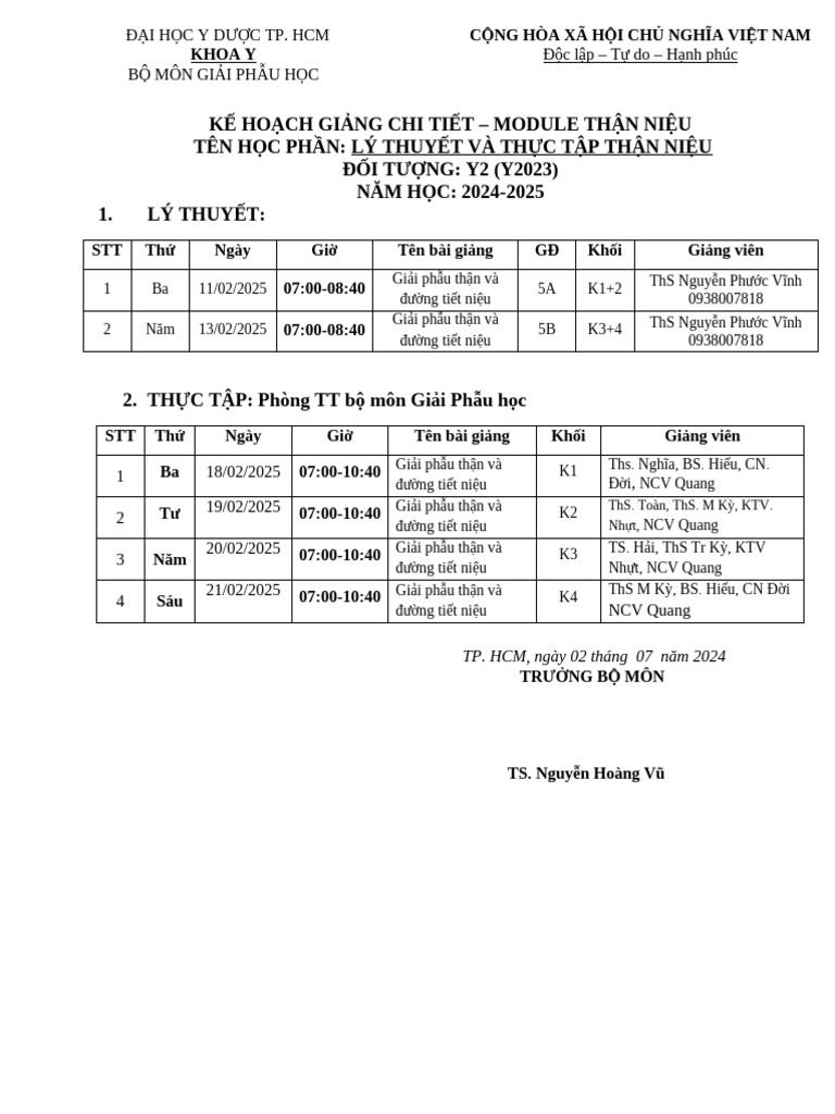 Lich Giang Chi Tiet GIAI PHAU MODULE Than Nieu Y23 | PDF