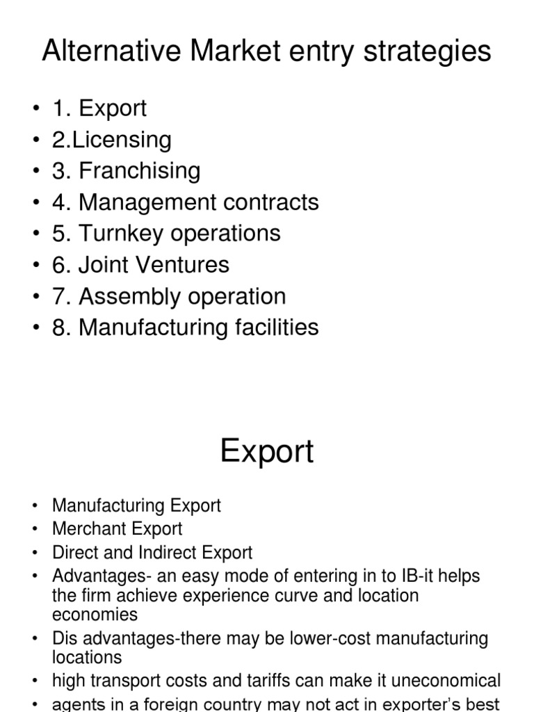 Market Entry Strategy | PDF | Franchising | Joint Venture