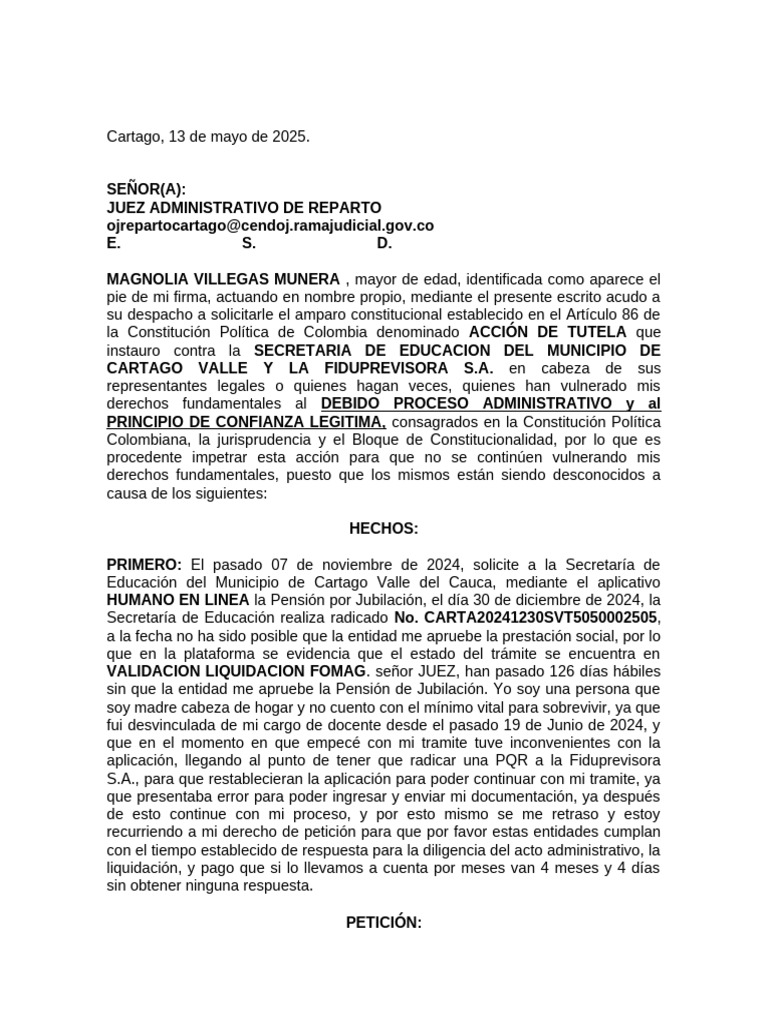 Tutela Magnolia Villegas Munera | PDF | Debido al proceso | Jurisdicción