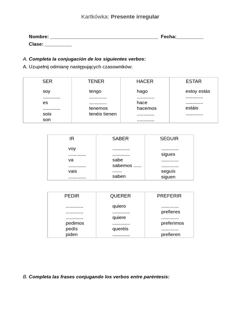Kartkówka: Verbos irregulares en español | PDF