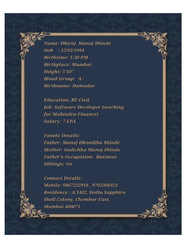 Dhiraj Manoj Shinde Biodata | PDF