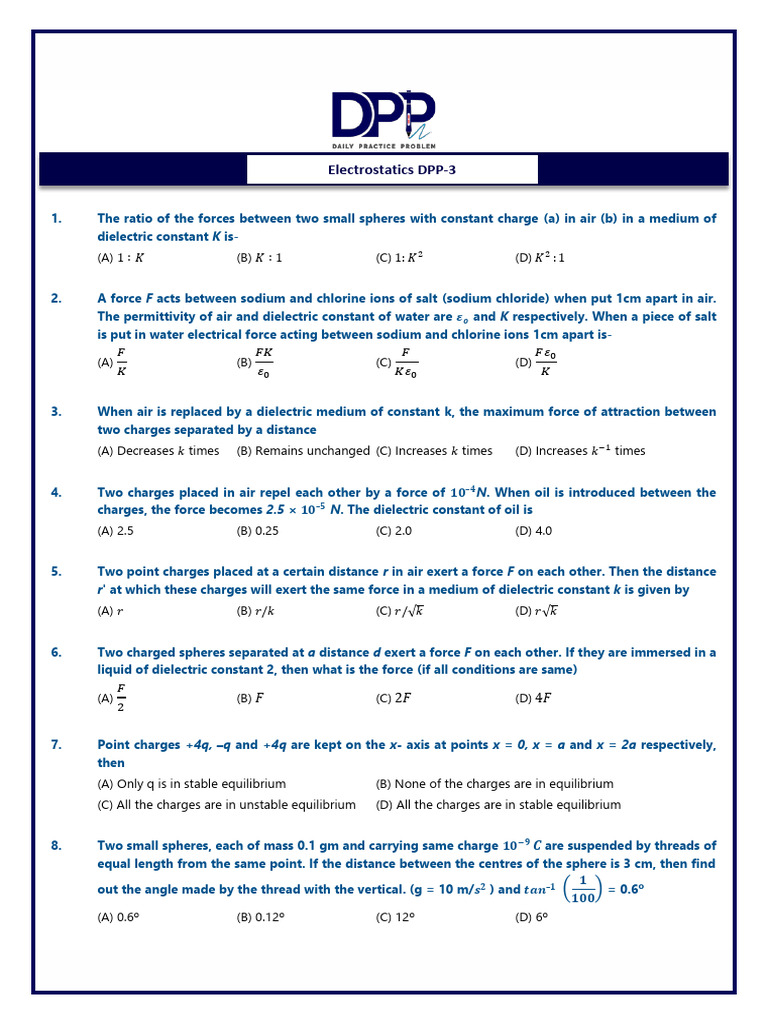 Electrostatics DPP 3&4 | PDF | Electric Field | Sodium Chloride