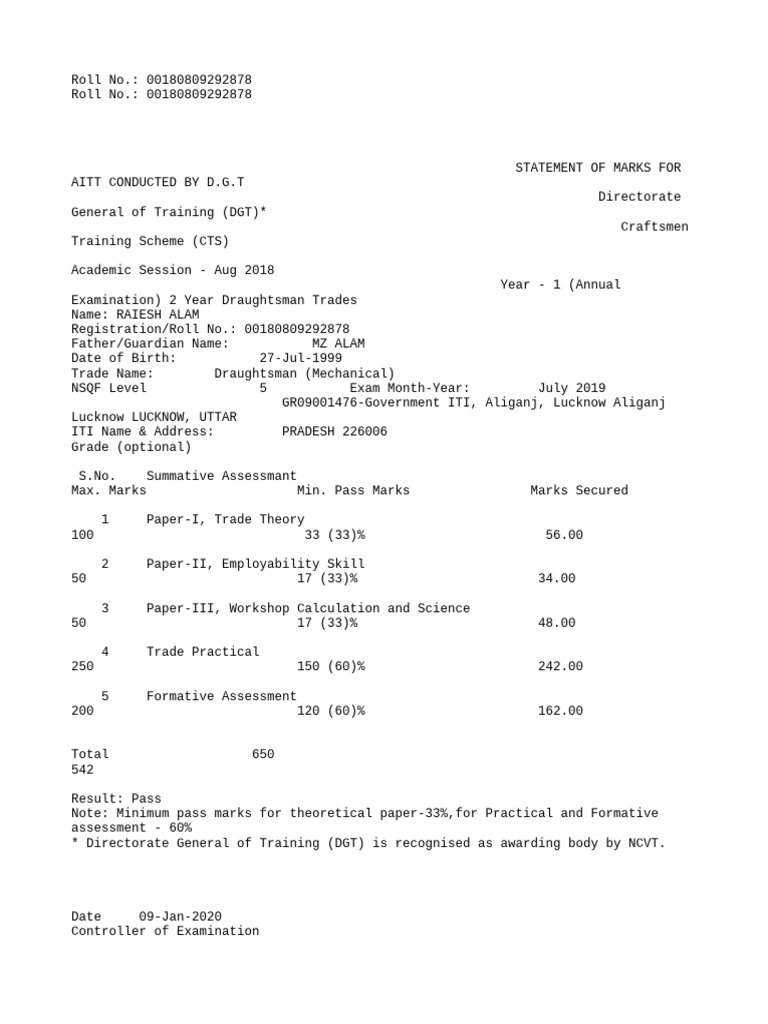Marksheet ITI 1st | PDF