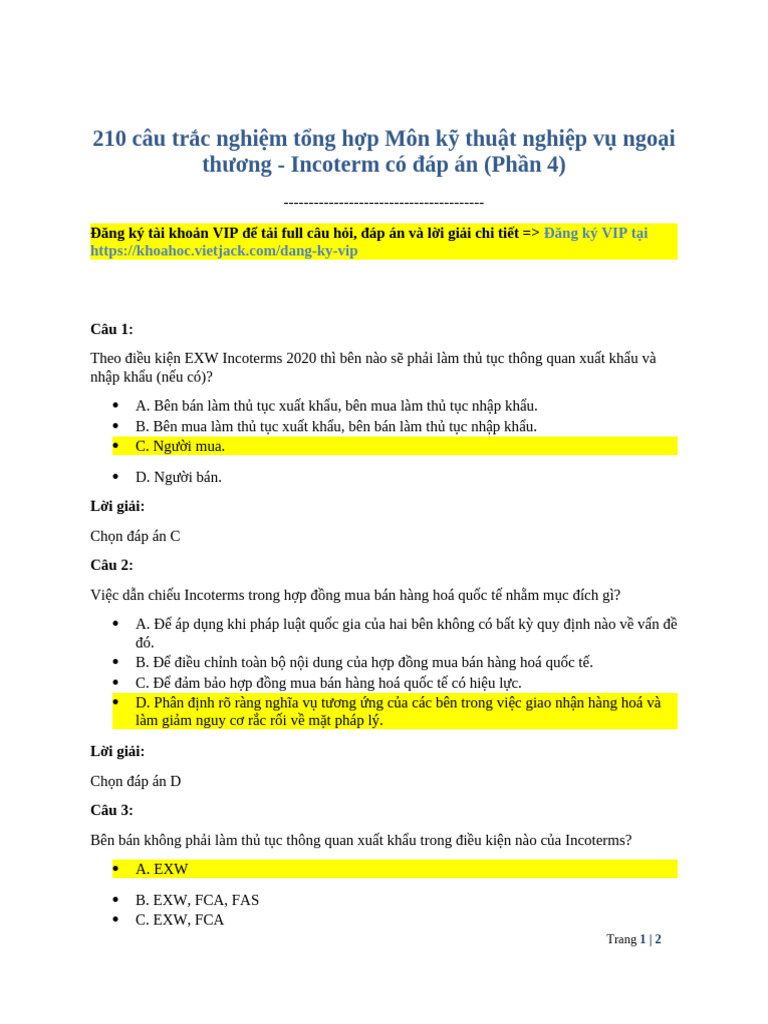 210 Cau Trac Nghiem Tong Hop Mon Ky Thuat Nghiep Vu Ngoai Thuong Incoterm Co Dap An Phan 4 ...