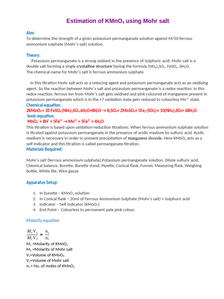 Estimation of KMnO4 Using Mohr Salt | PDF | Titration | Chemistry