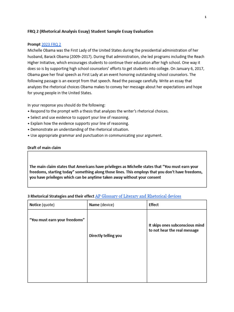 FRQ 2 (Rhetorical Analysis Essay) Student Sample Essay Evaluation | PDF ...