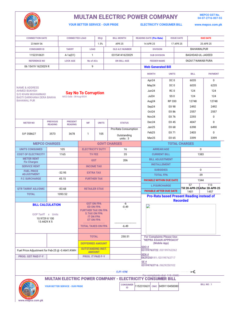 Mepco Full Bill Ghar April | PDF | Taxes | Fee
