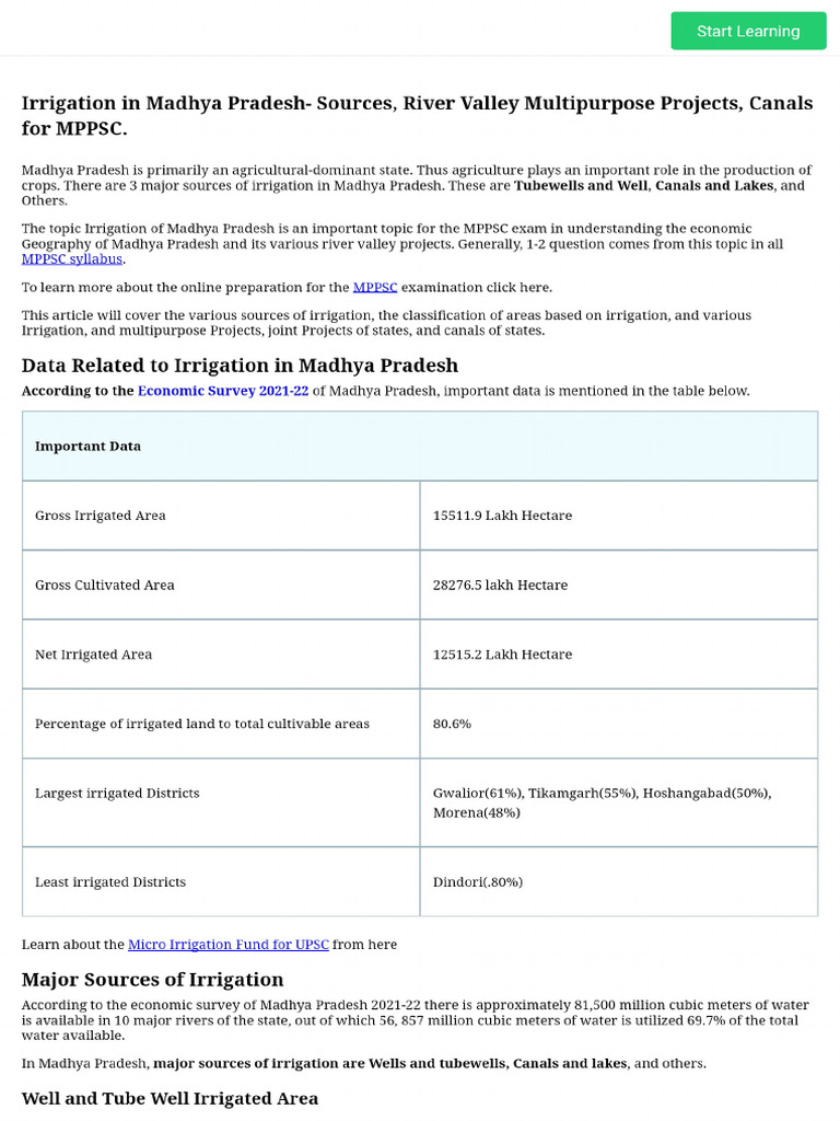 Irrigation in Madhya Pradesh - Sources, River Valley Project, Canal | PDF