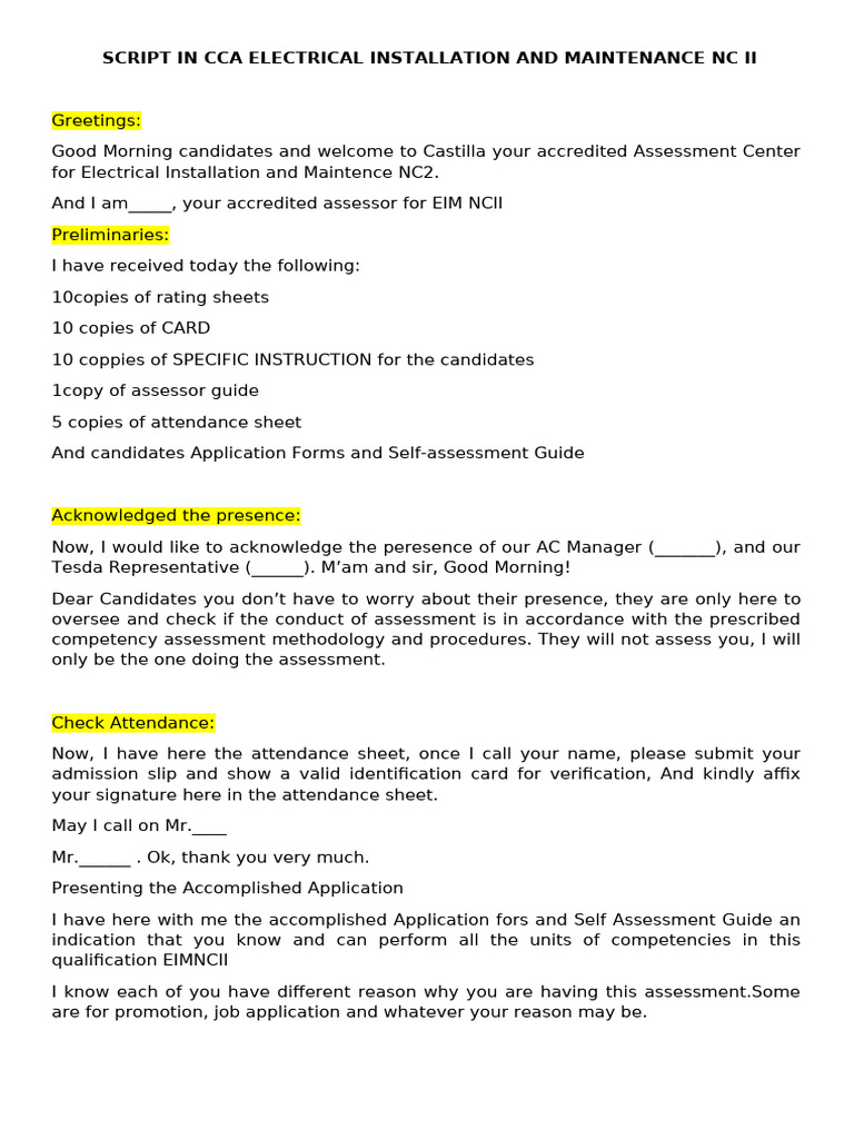 Competency Assessment Script Eim NC2 FLS | PDF | Electrical Wiring | Electrician