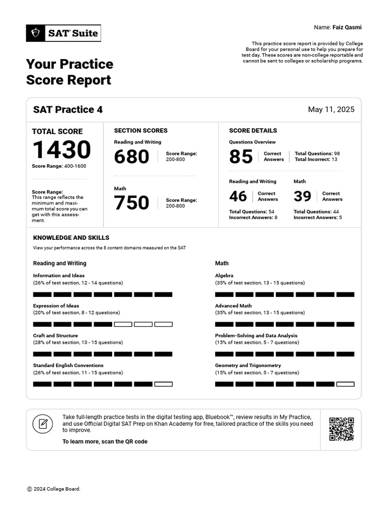 SAT Practice Score Report: 1430 | PDF | Sat | Mathematics