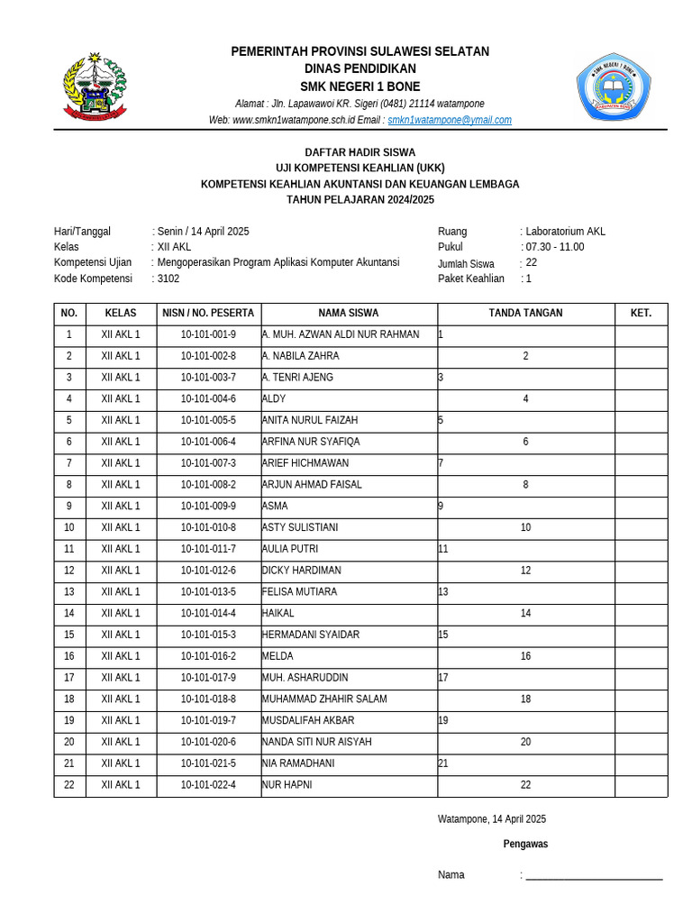 Daftar Hadir Siswa Ukk 2025 | PDF