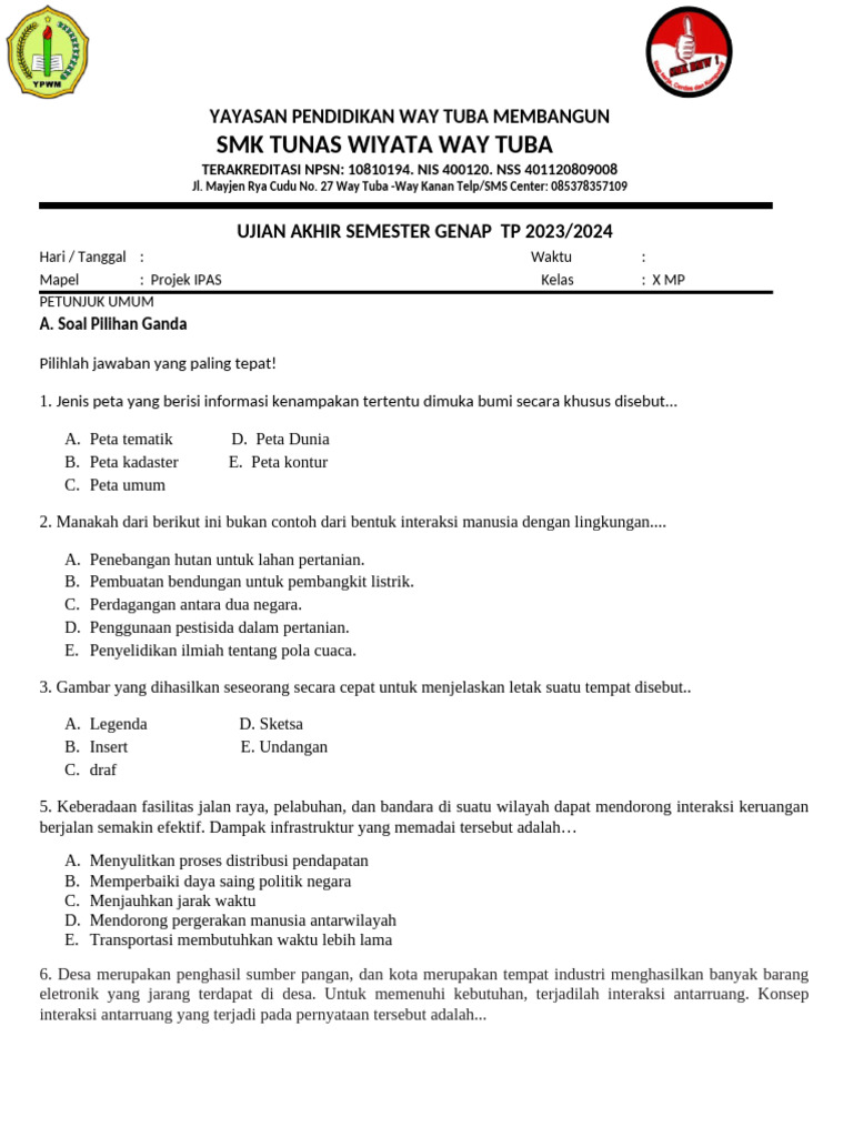 Soal Uas Genap Projek Ipas X MP | PDF