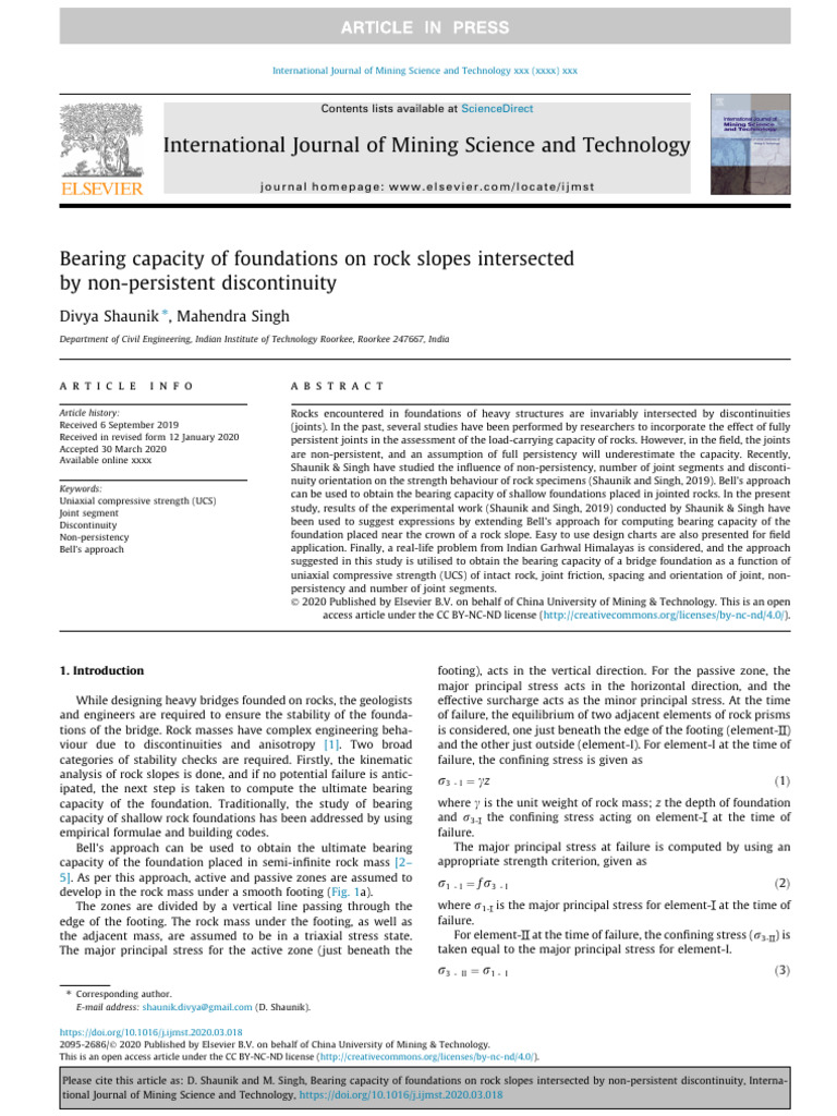 Bearing Capacity of Foundations On Rock Slopes Int | PDF | Stress ...