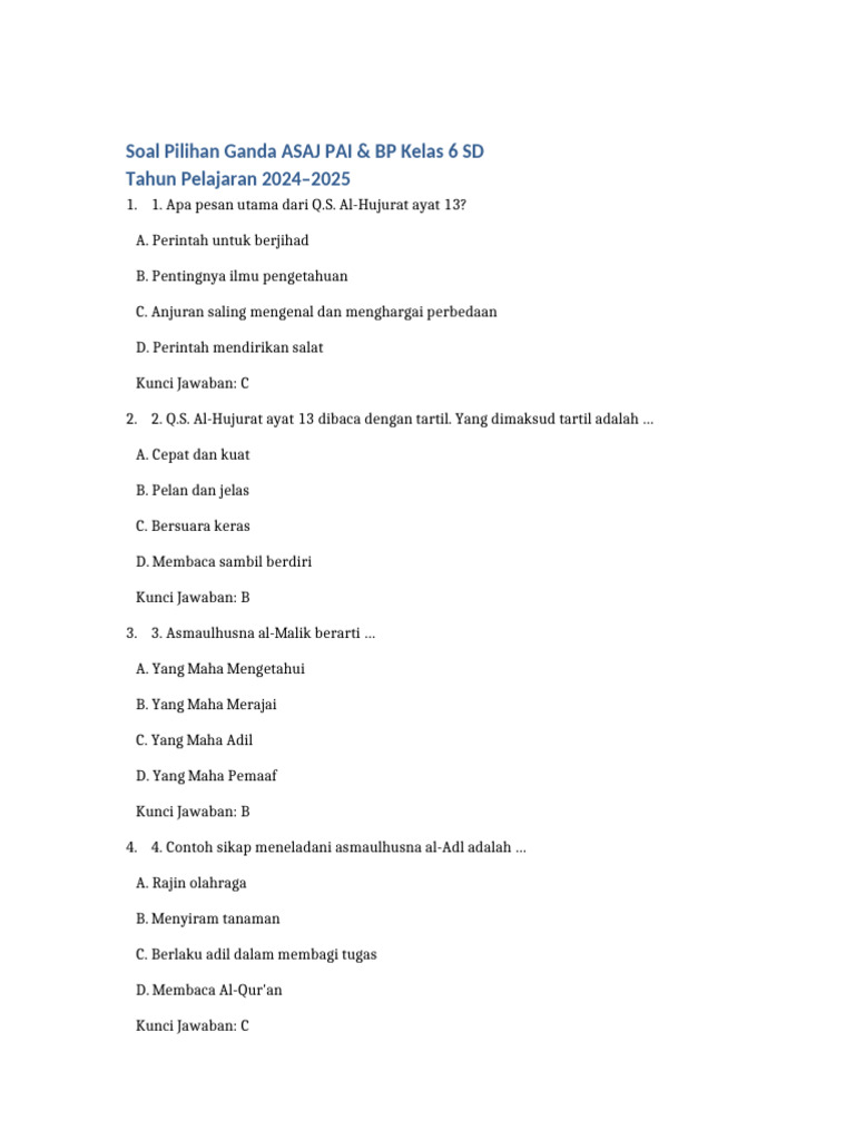 Soal ASAJ PAI BP Kelas6 2024 2025 | PDF