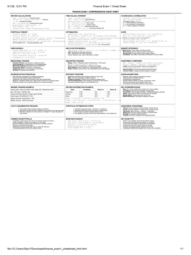 Finance Exam 1 Cheat Sheet | PDF | Equity (Finance) | Portfolio (Finance)
