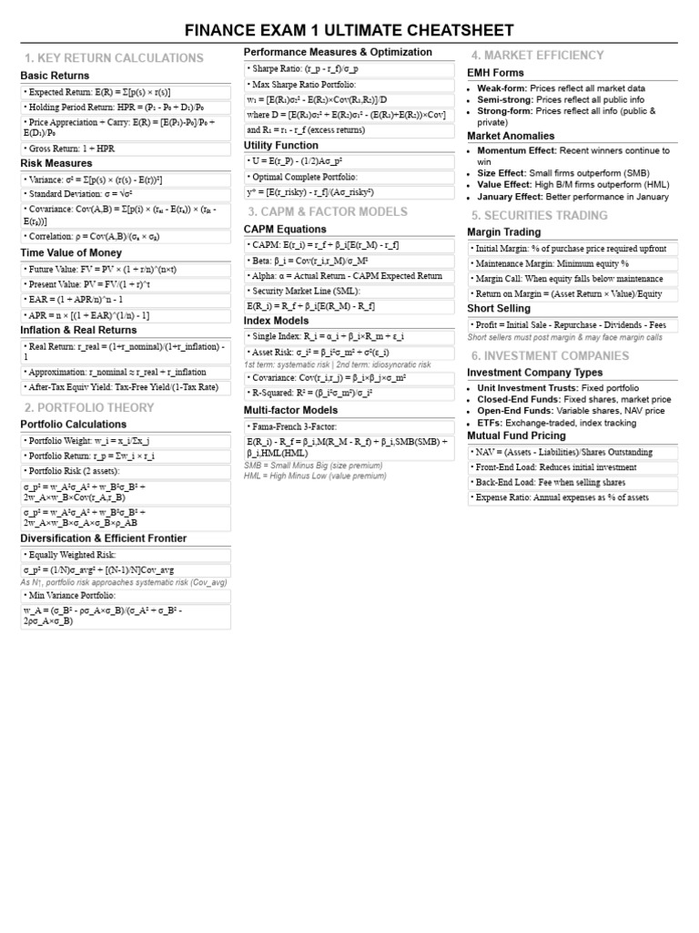 Finance Exam 1 Ultimate Cheatsheet | PDF | Capital Asset Pricing Model | Modern Portfolio Theory