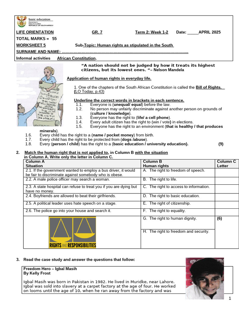 Gr. 7 T2 Week 1-2, Human Rights & Fair Play, Worksheet 5 | PDF ...