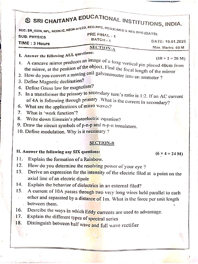 sr phy prefinal papers | PDF
