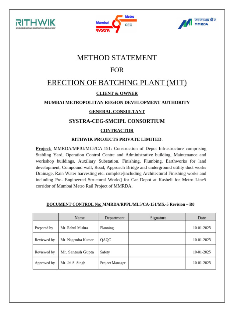 Final01-Method Statement for Erection of Batching Plant | PDF | Concrete | Deep Foundation