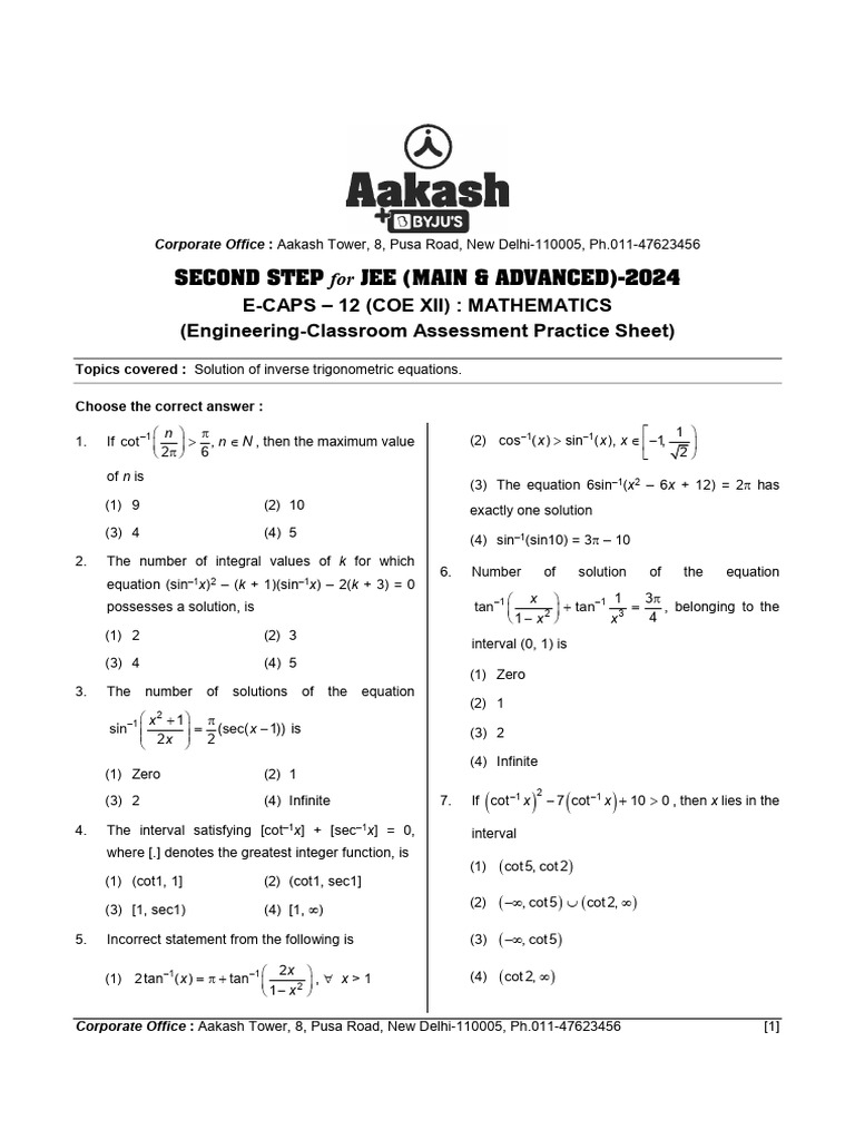 E-CAPS-12 - Class XII (COE) - Maths - Ques+Answer Key | PDF | Functions And Mappings ...