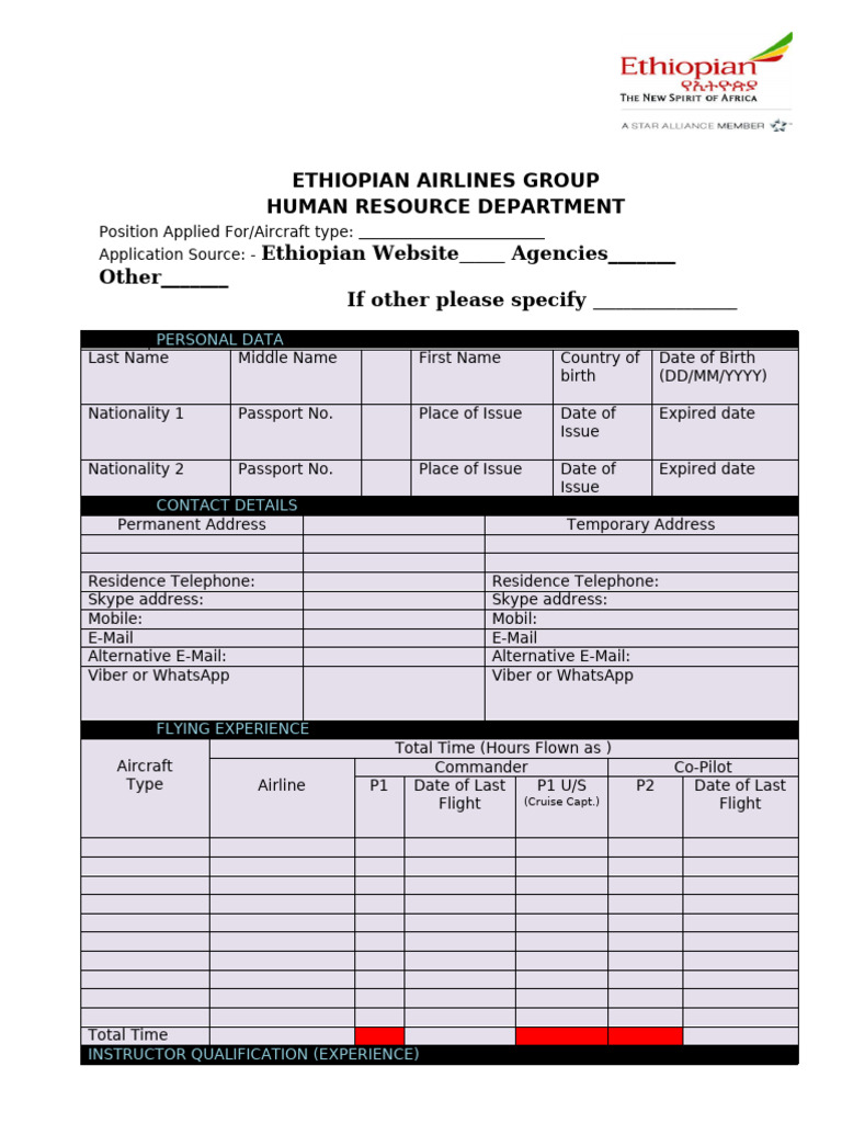 Ethiopian Airlines Job Application Form | PDF | Aviation | Aviation Safety