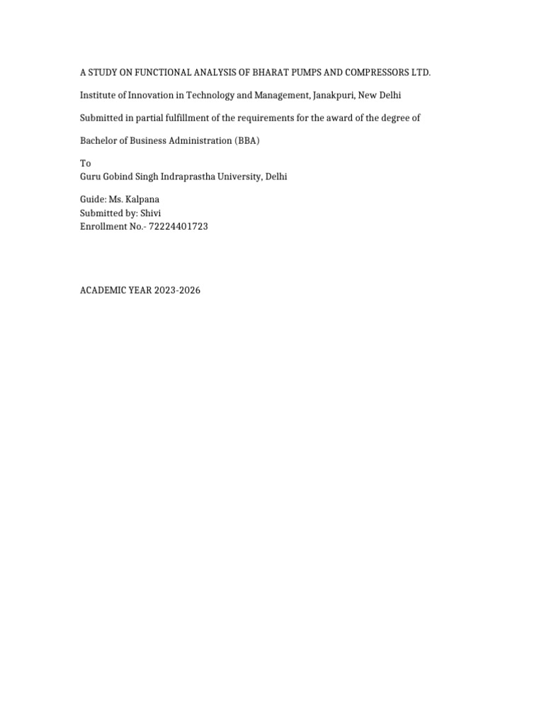 A Study on Functional Analysis of Bharat Pumps and Compressors Shivi Final | PDF