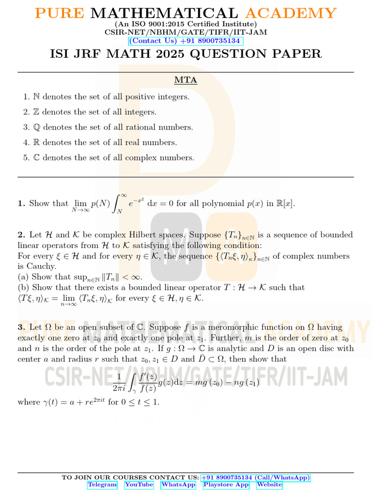 ISI JRF 2025 Mathematics - Pure Mathematical Academy | PDF | Sequence | Ring (Mathematics)
