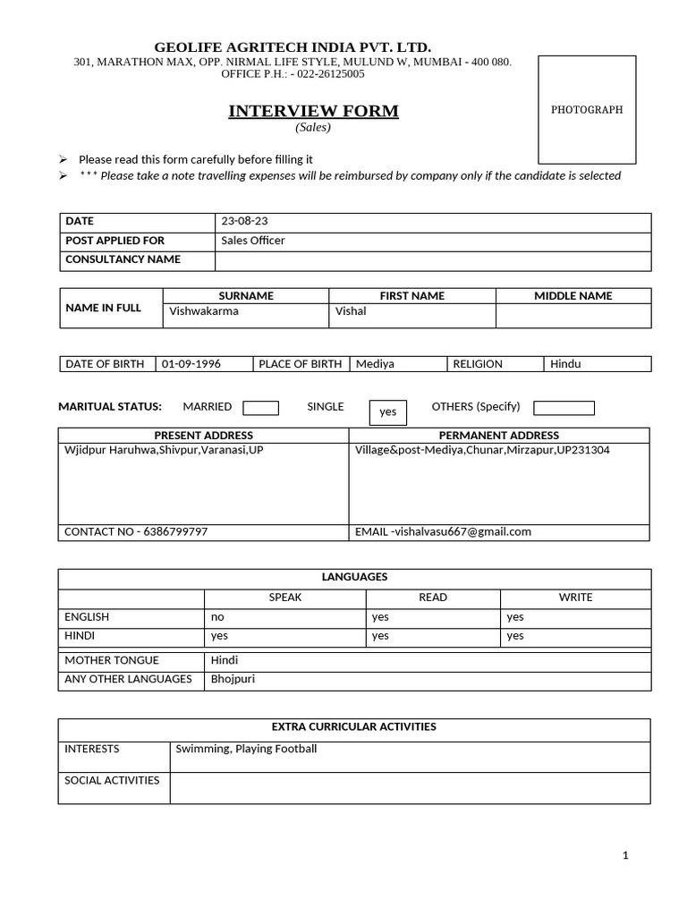 Geolife Pre Interview Form (Sales) (2) | PDF