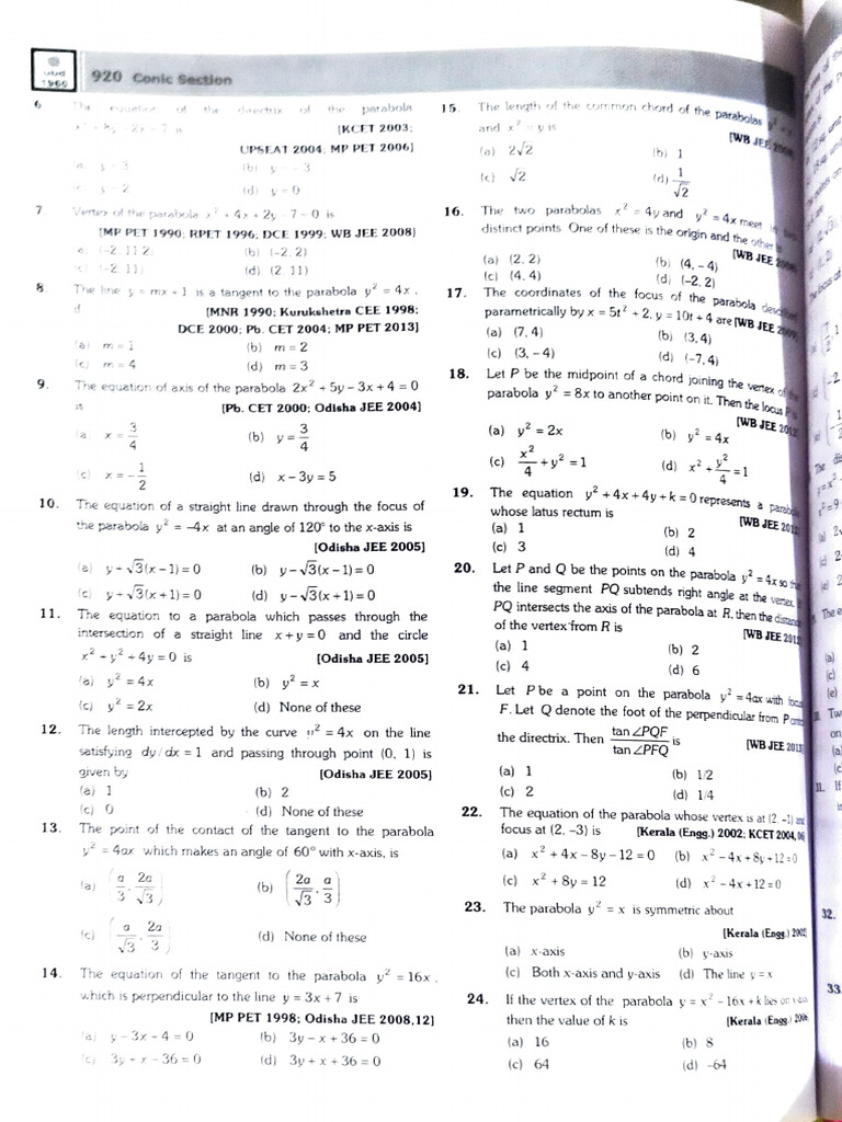 Parabola Worksheet for JEE | PDF | Ellipse | Algebraic Geometry