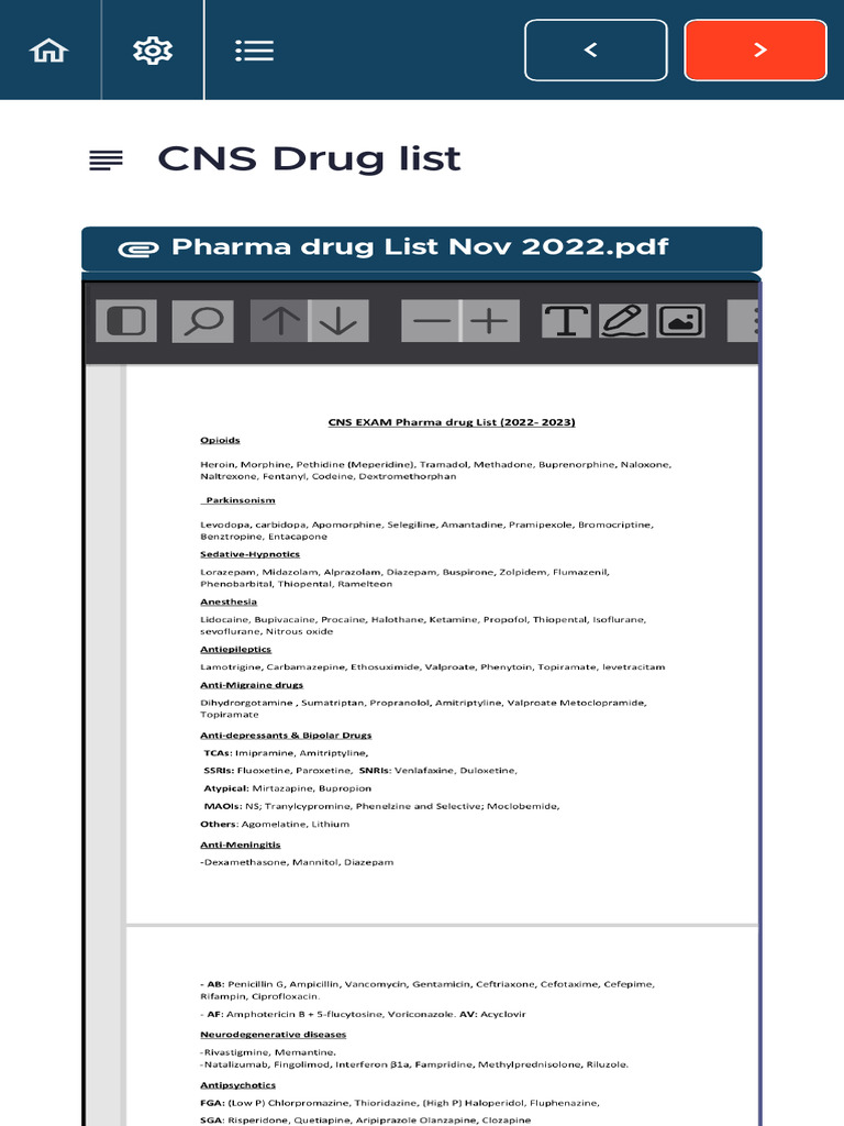 CNS Drug List Pharmacology in Capsules | PDF