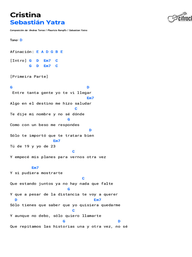 Acordes y letra de "Cristina" - Yatra | PDF