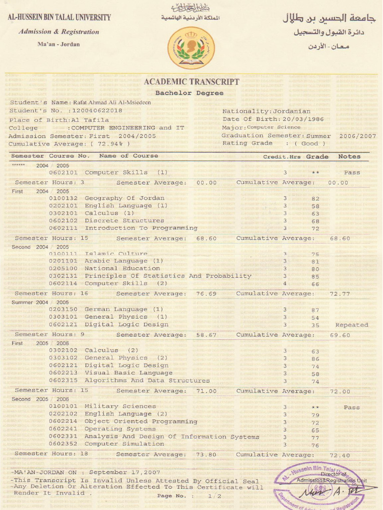 Bachelor Transcript 1 | PDF