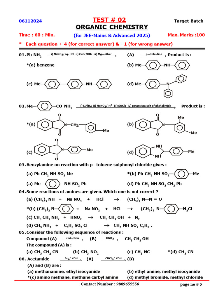 Answer Organic Chemistry Test-2 - 241106 - 110524 | PDF | Amine ...