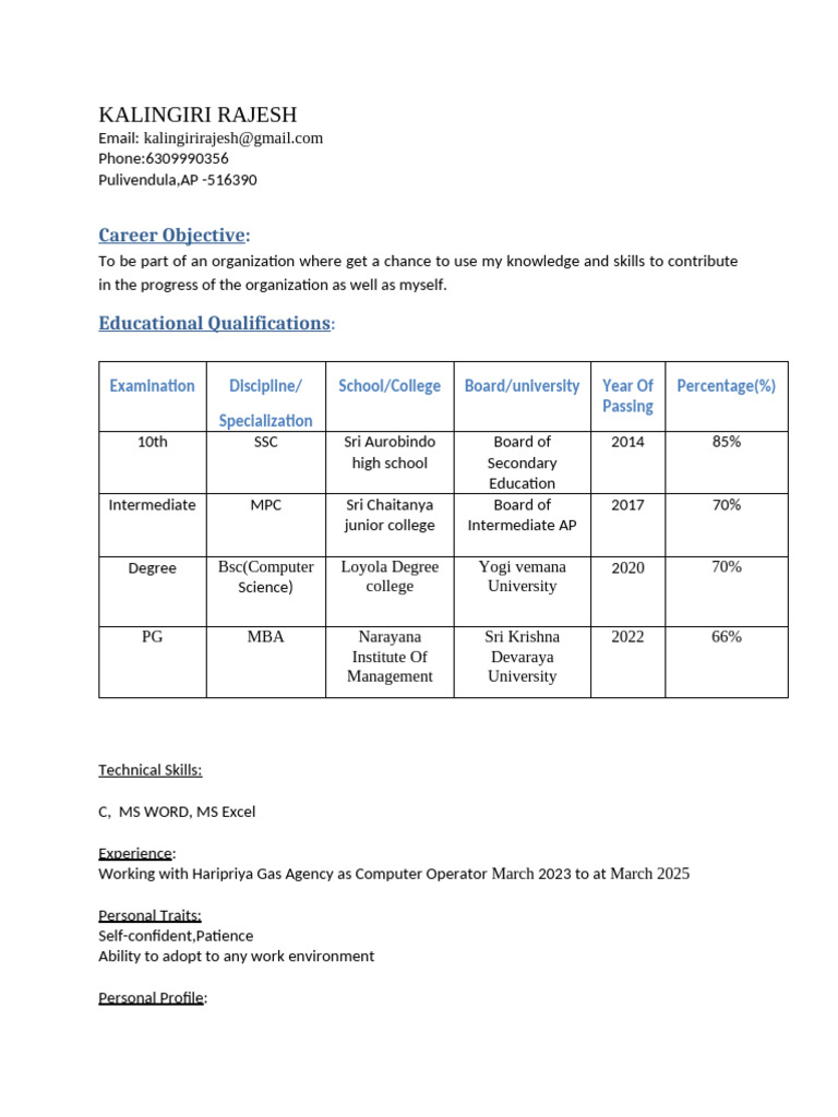 Kalingiri Rajesh - Resume Overview | PDF