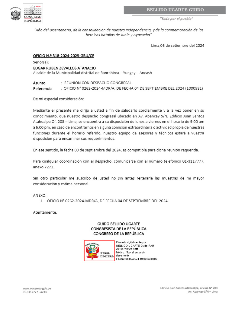Oficio #318-2024-2025-Gbu-Cr-Reunion Con Despacho Congresal Distrital ...