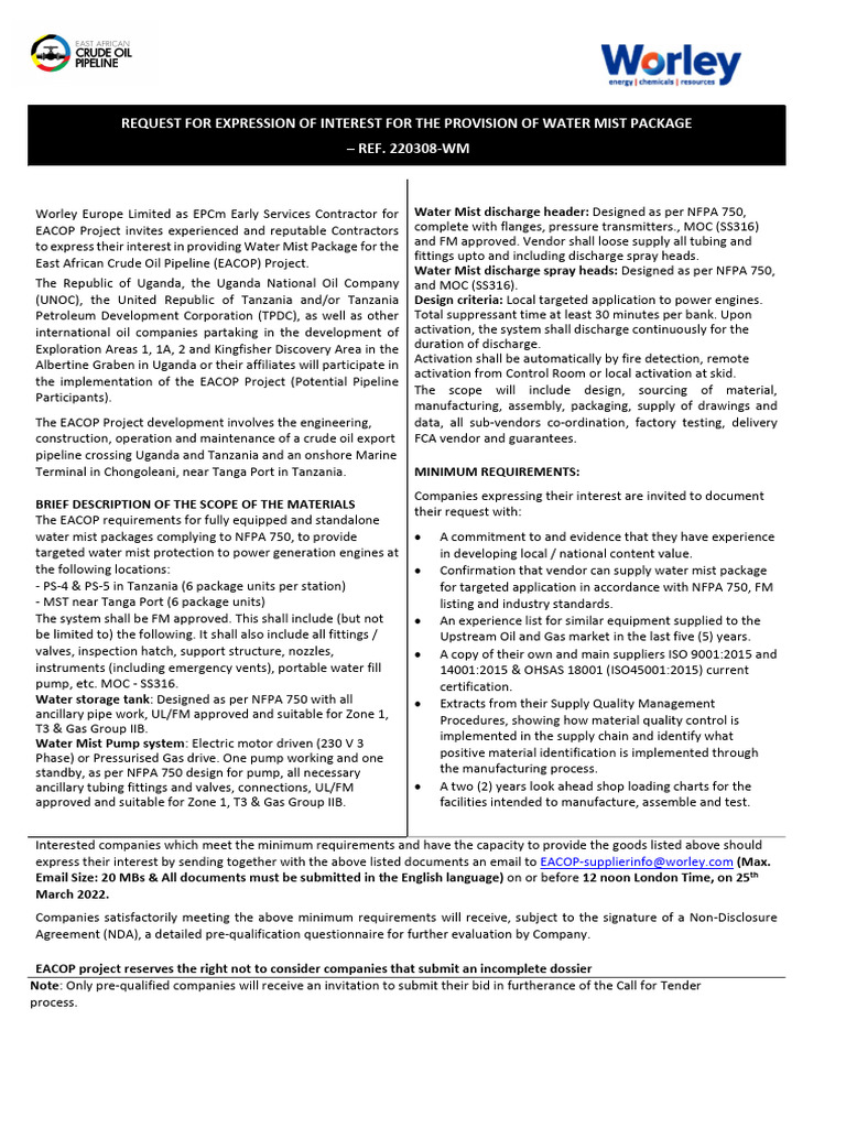 Eoi Ad Water Mist Package TZ Deadline 25 Mar 22 | PDF