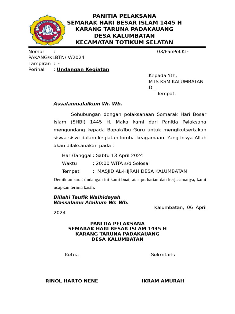 Undangan Kegiatan Phbi 2024 | PDF