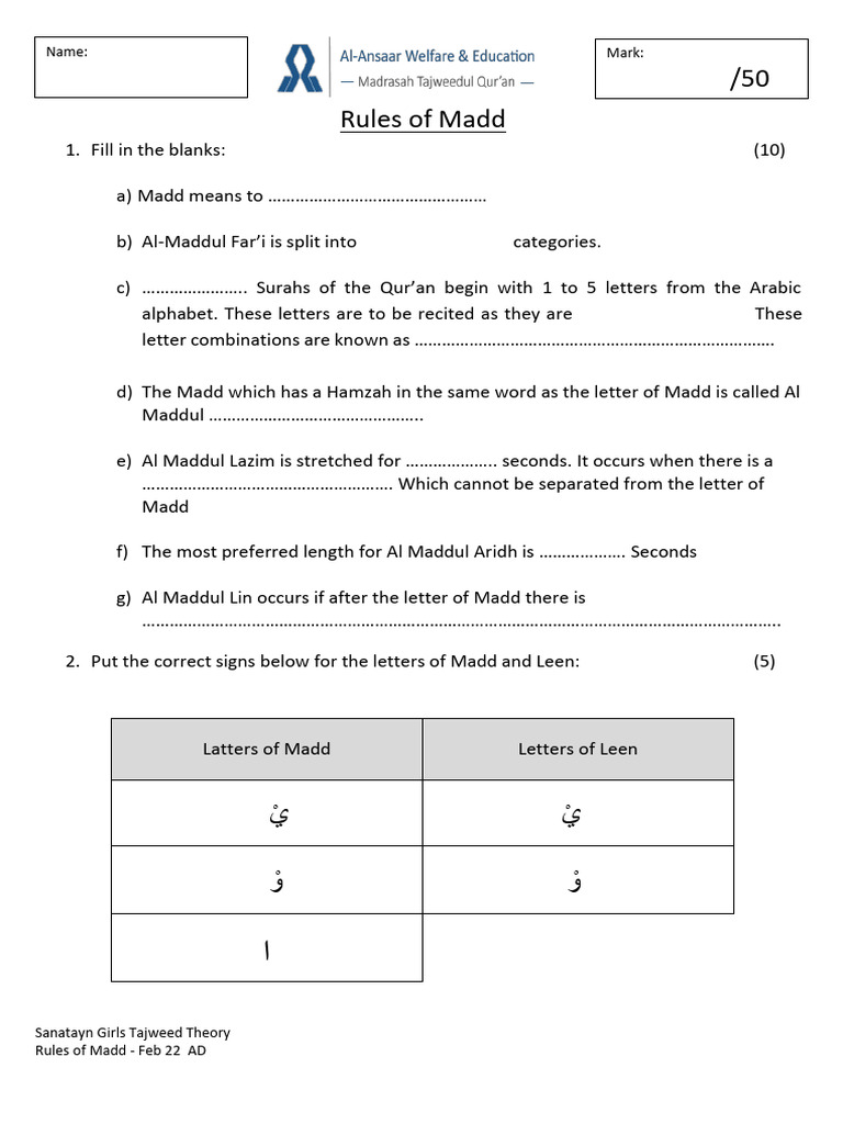 Tajweed Rules of Madd for Girls | PDF | Semitic Words And Phrases ...
