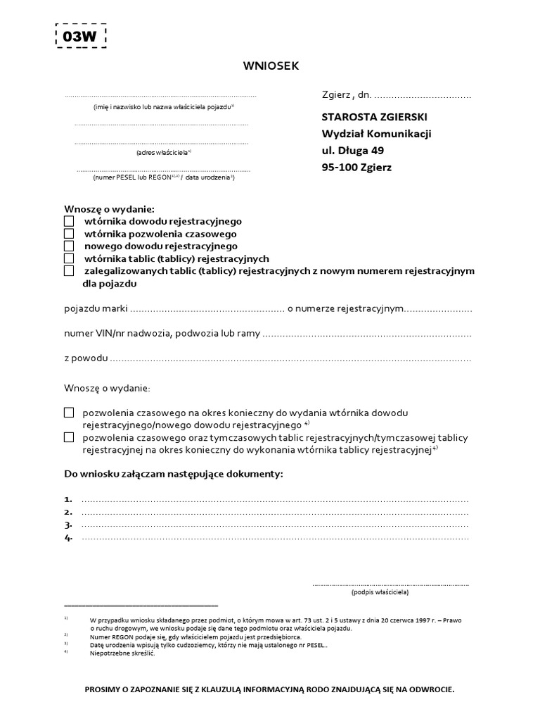 03W Wniosek o wydanie wtórnika dowodu rejestracyjnego, pozolenia czasowego, tablic lub wydanie ...