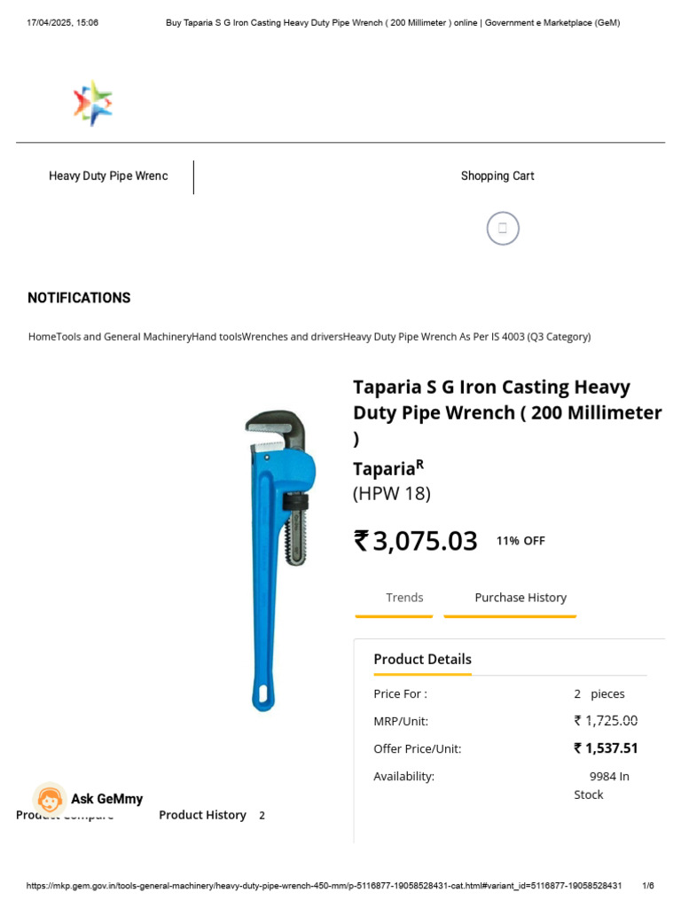 Taparia S G Iron Casting Heavy Duty Pipe Wrench (200 Millimeter) | PDF ...