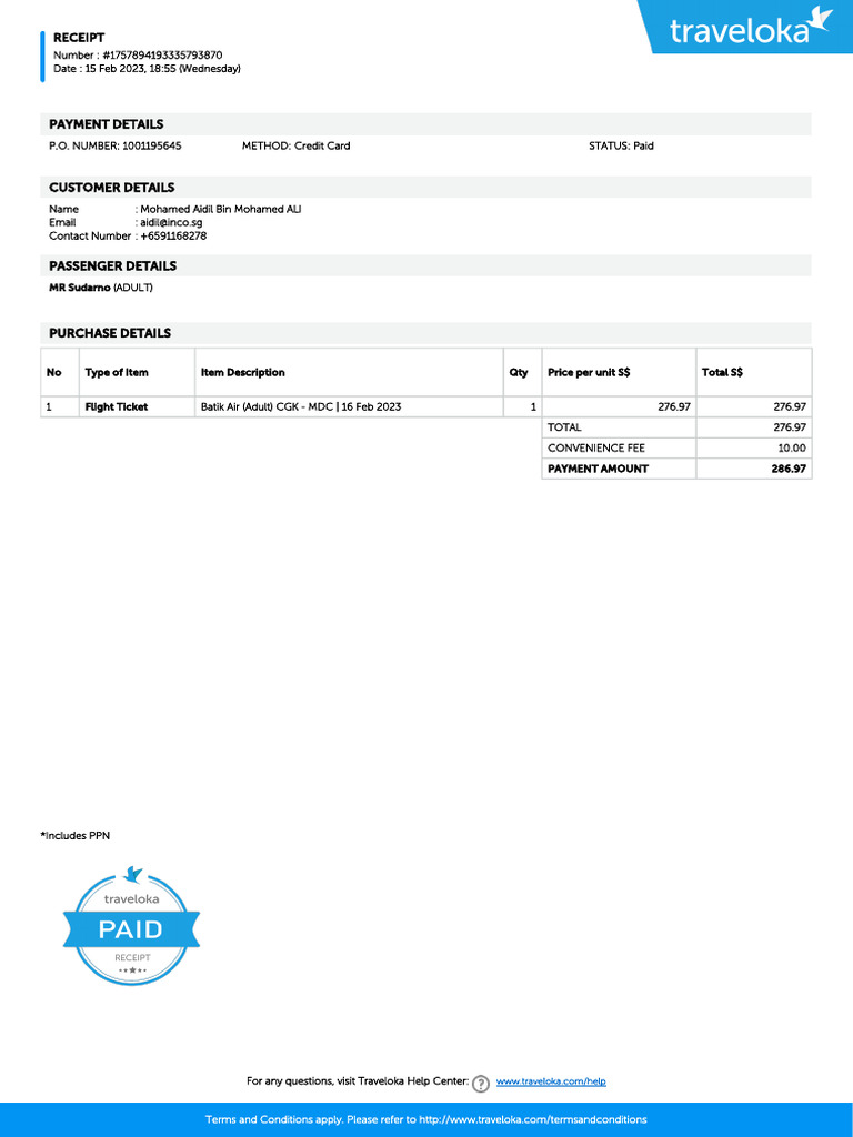 Traveloka Flight Ticket Receipt | PDF