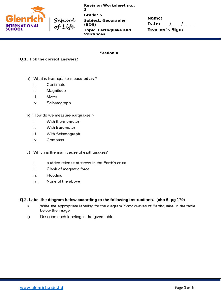 Earthquake and Volcanoes Worksheet | PDF | Earthquakes | Volcano